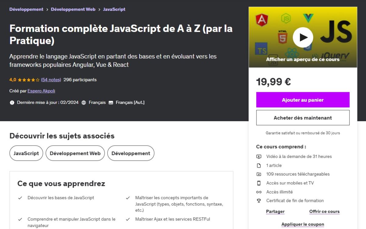 Top 4 des Meilleures Formations Javascript en 2025